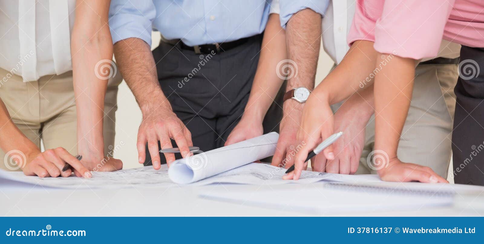 Business People Working on Blueprint Stock Image - Image of male ...