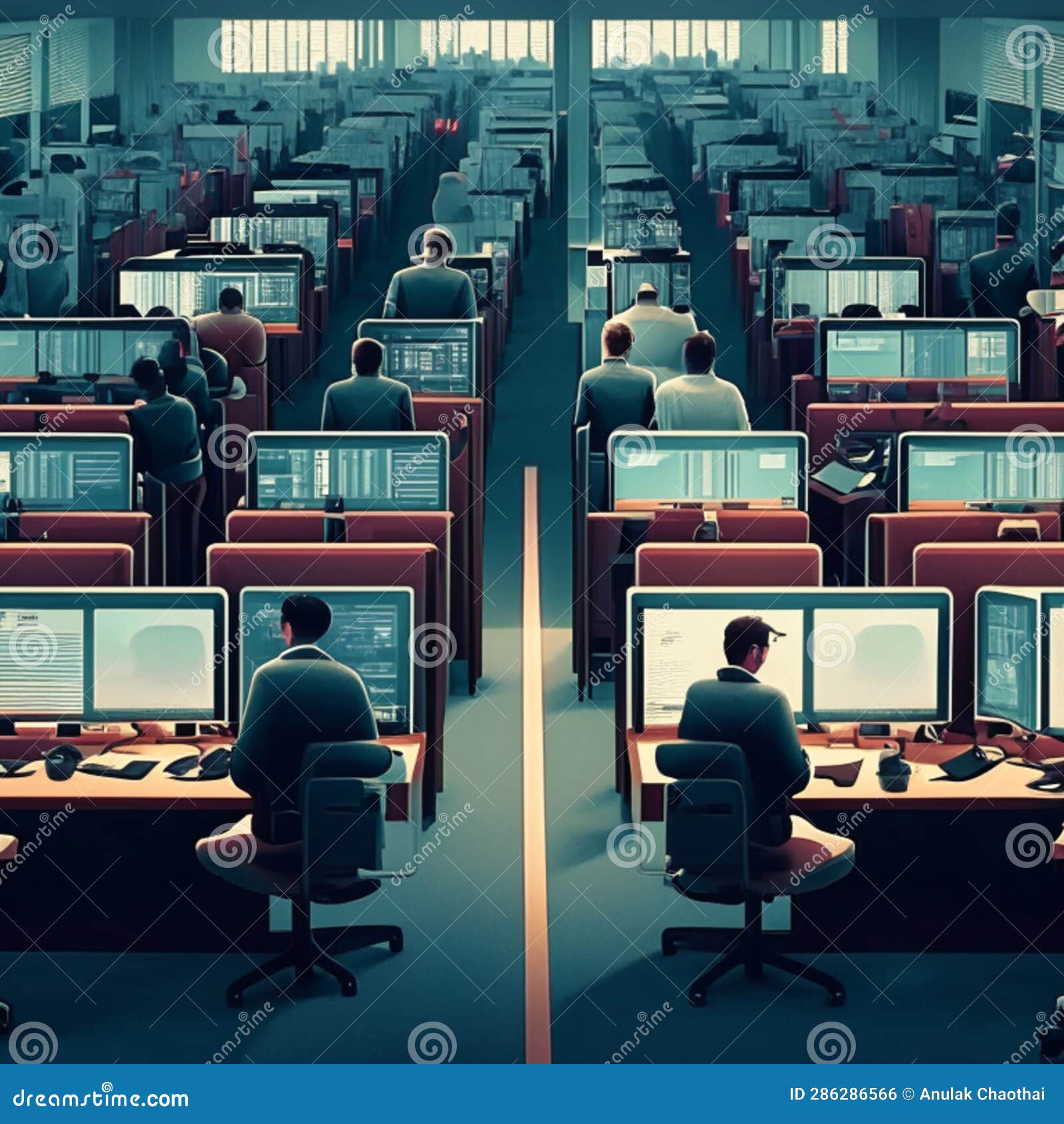 Business People Working on Computers in a Big Data Center. 3d Rendering ...