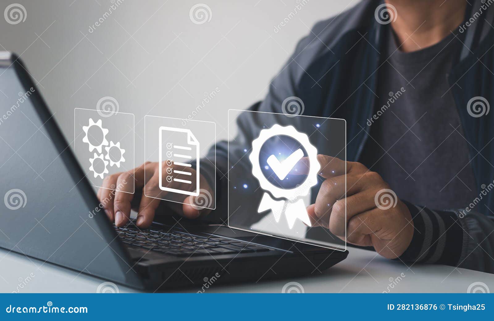 Business People Working on Laptop and Touching Certificate Icon ...