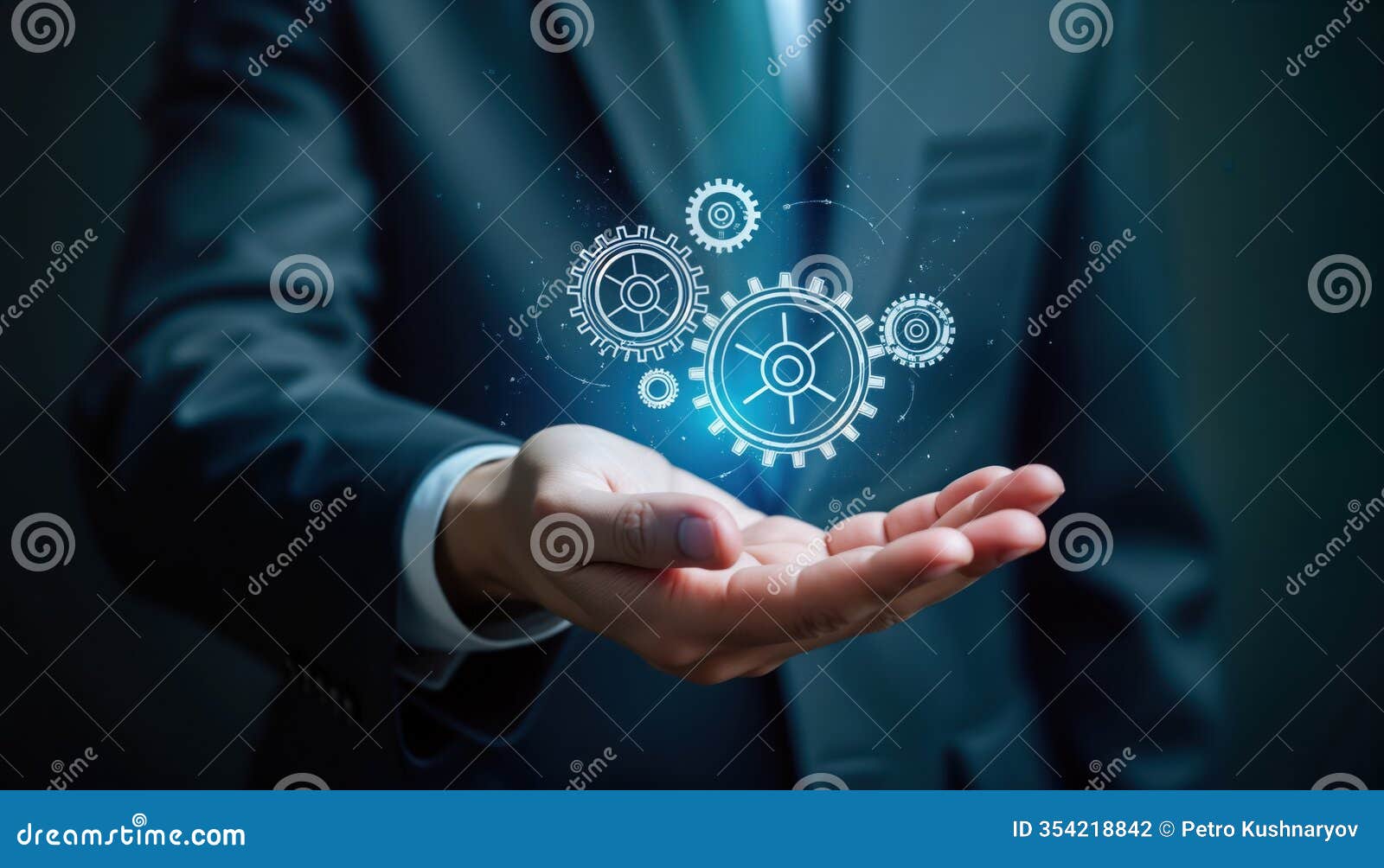 Business Person Displays Tech System Concept. Hands Hold Digital Gears ...