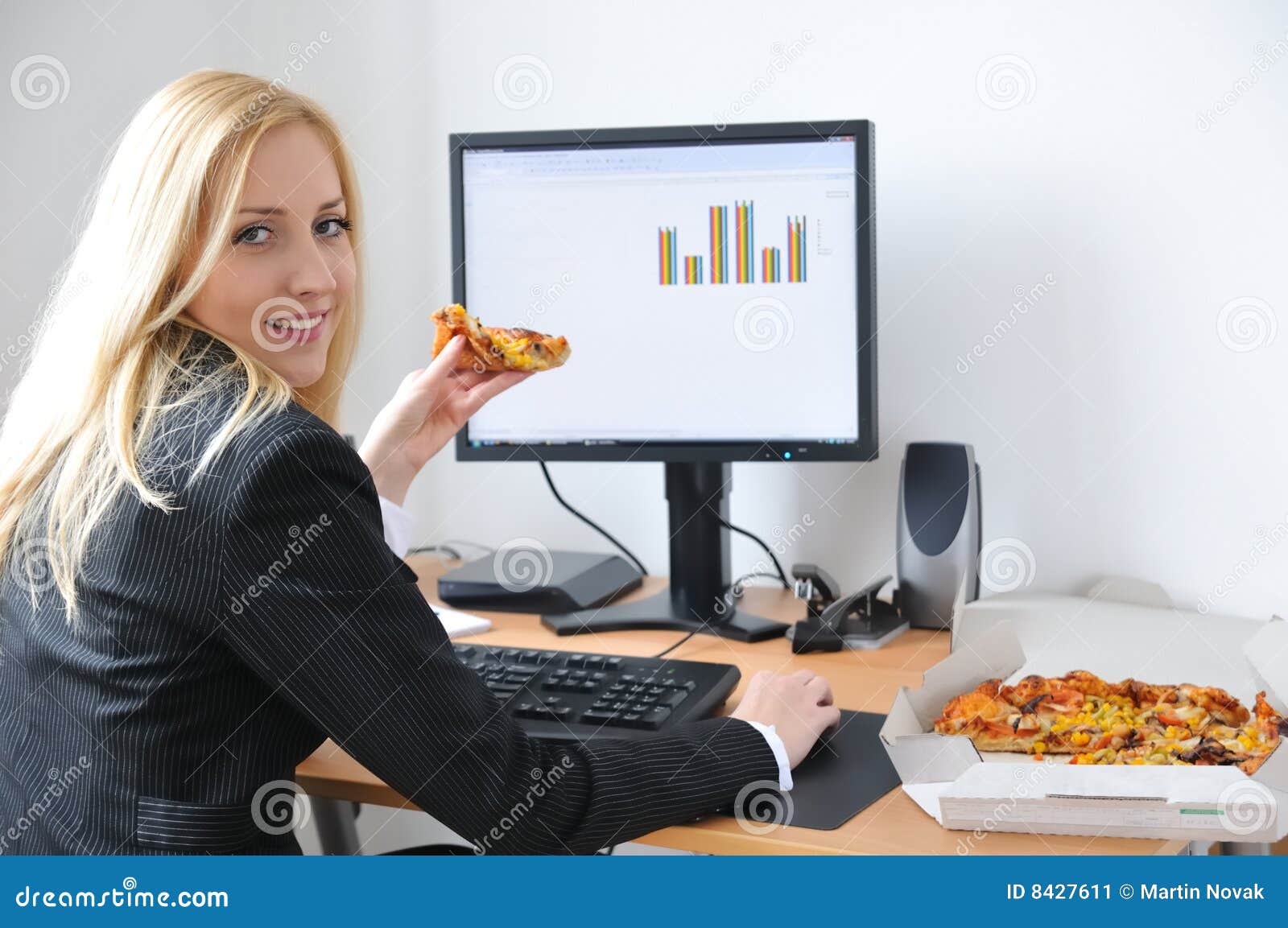 Business Person Eating Pizza at Computer Stock Image - Image of ...
