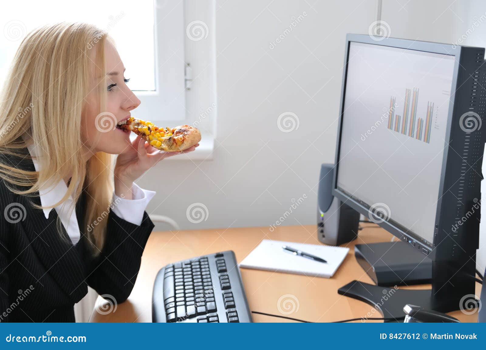 Business Person Eating Pizza at Work Stock Photo - Image of meal ...