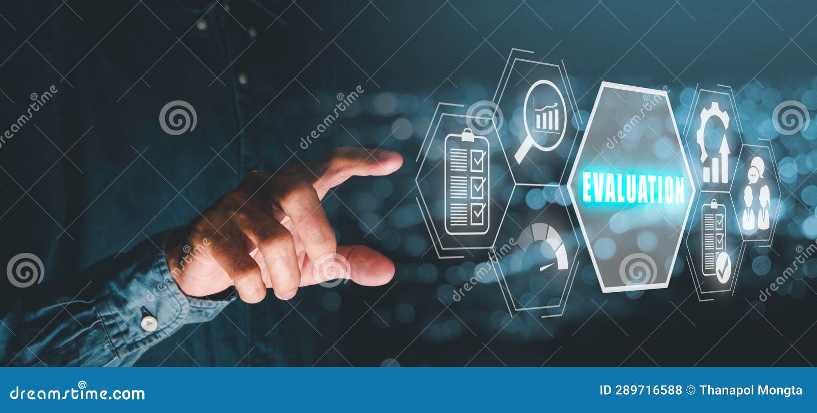 Business Person Hand Touching Evaluation Icon on Virtual Screen Stock ...