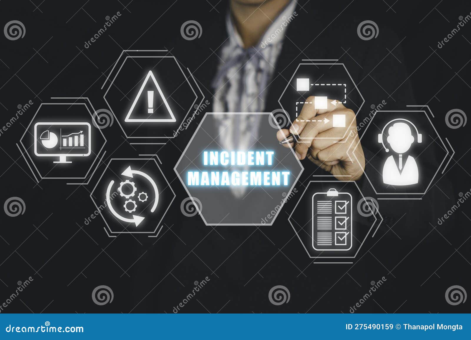 Business Person Hand Touching Incident Management Icon on Virtual ...