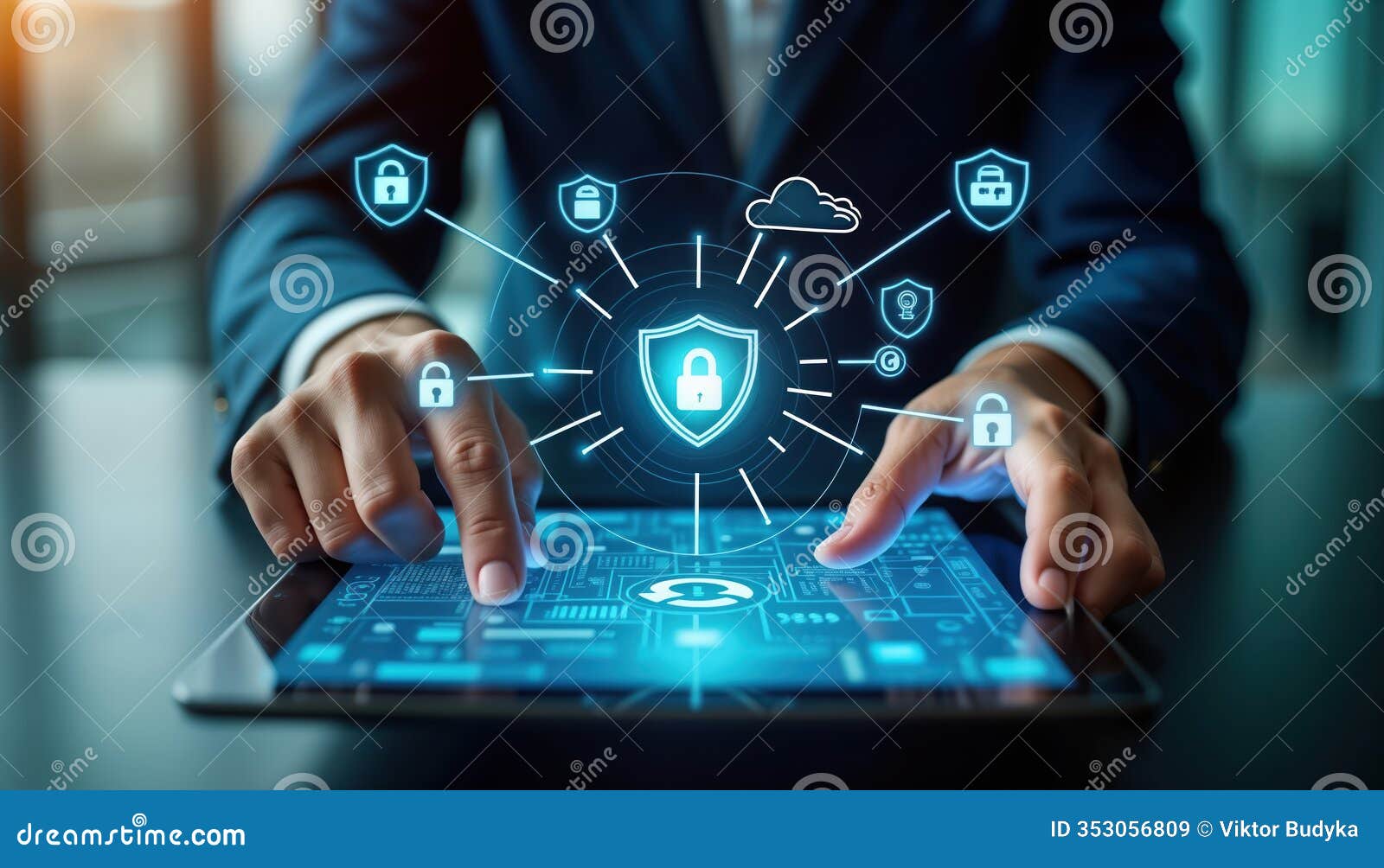 Business Person Interacts with Digital Cyber Security Interface on ...