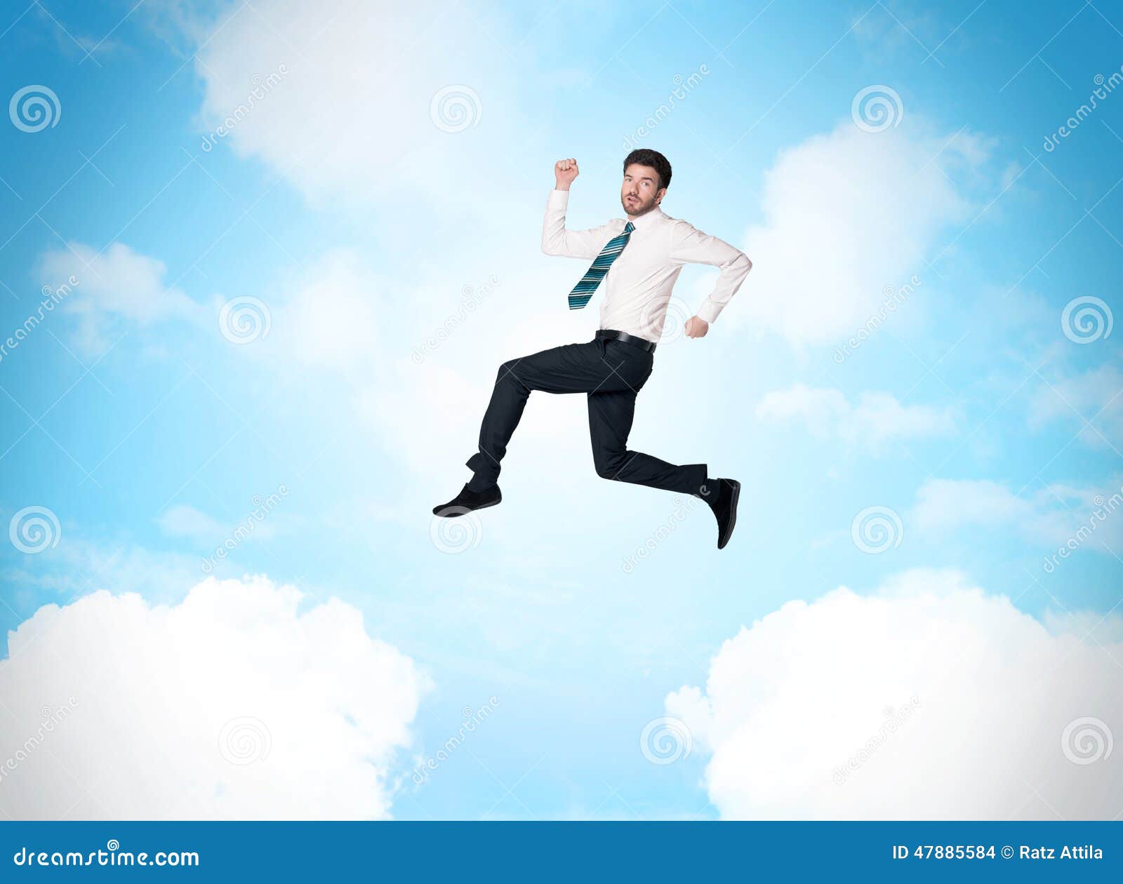Business Person Jumping Over Clouds in the Sky Stock Photo - Image of ...
