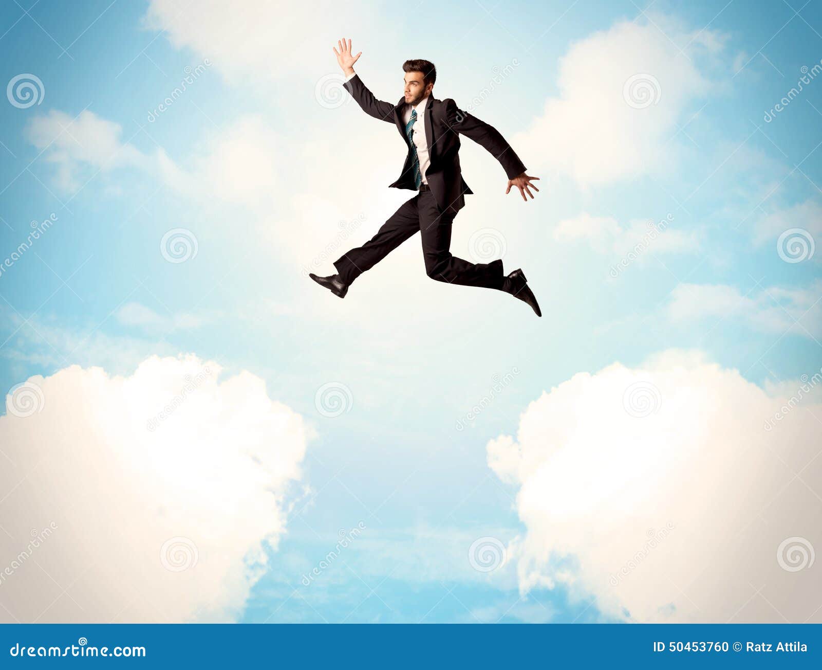 Business Person Jumping Over Clouds in the Sky Stock Photo - Image of ...