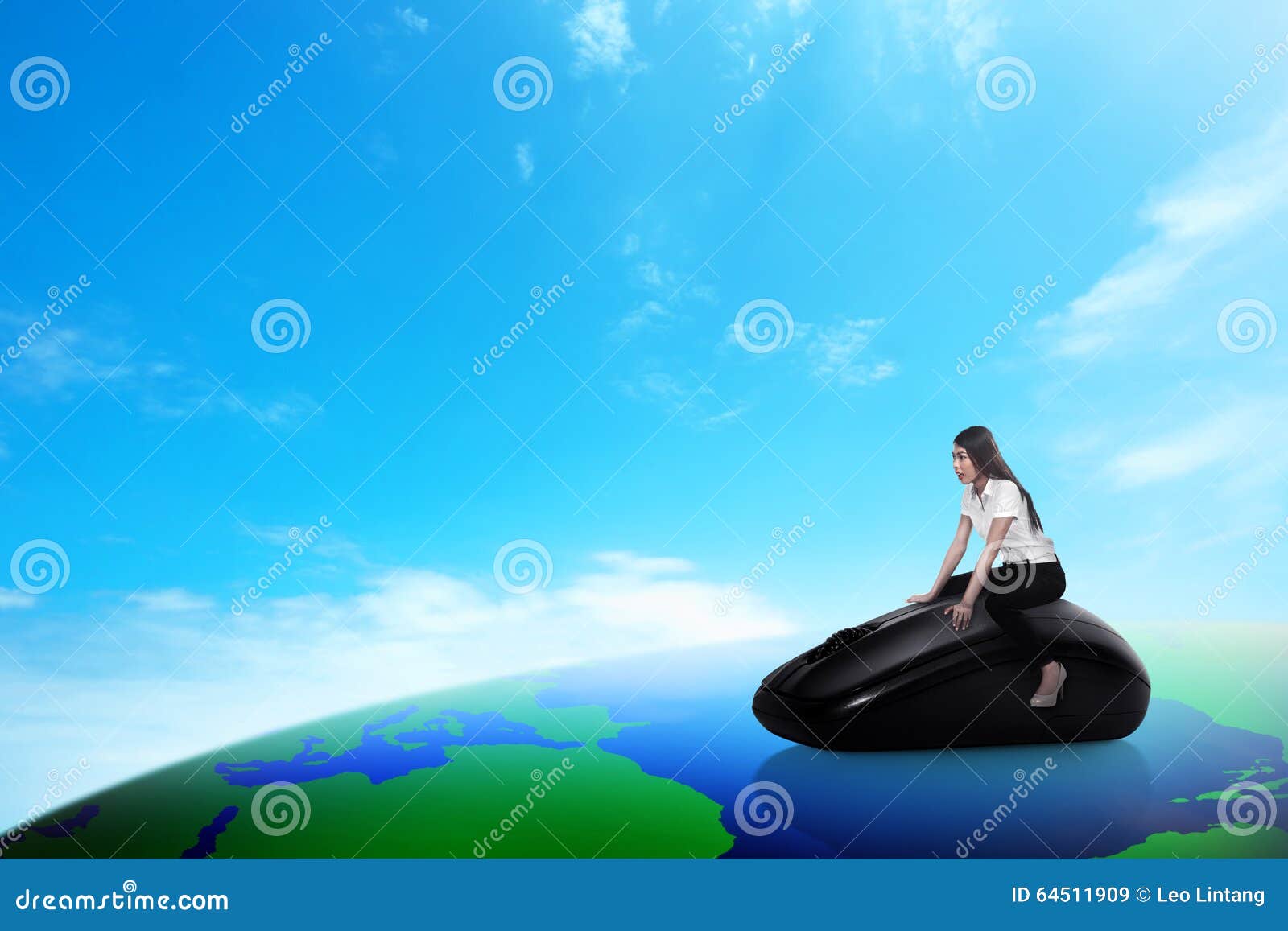 Business Person Riding Computer Mouse Over the World Map Stock Image ...