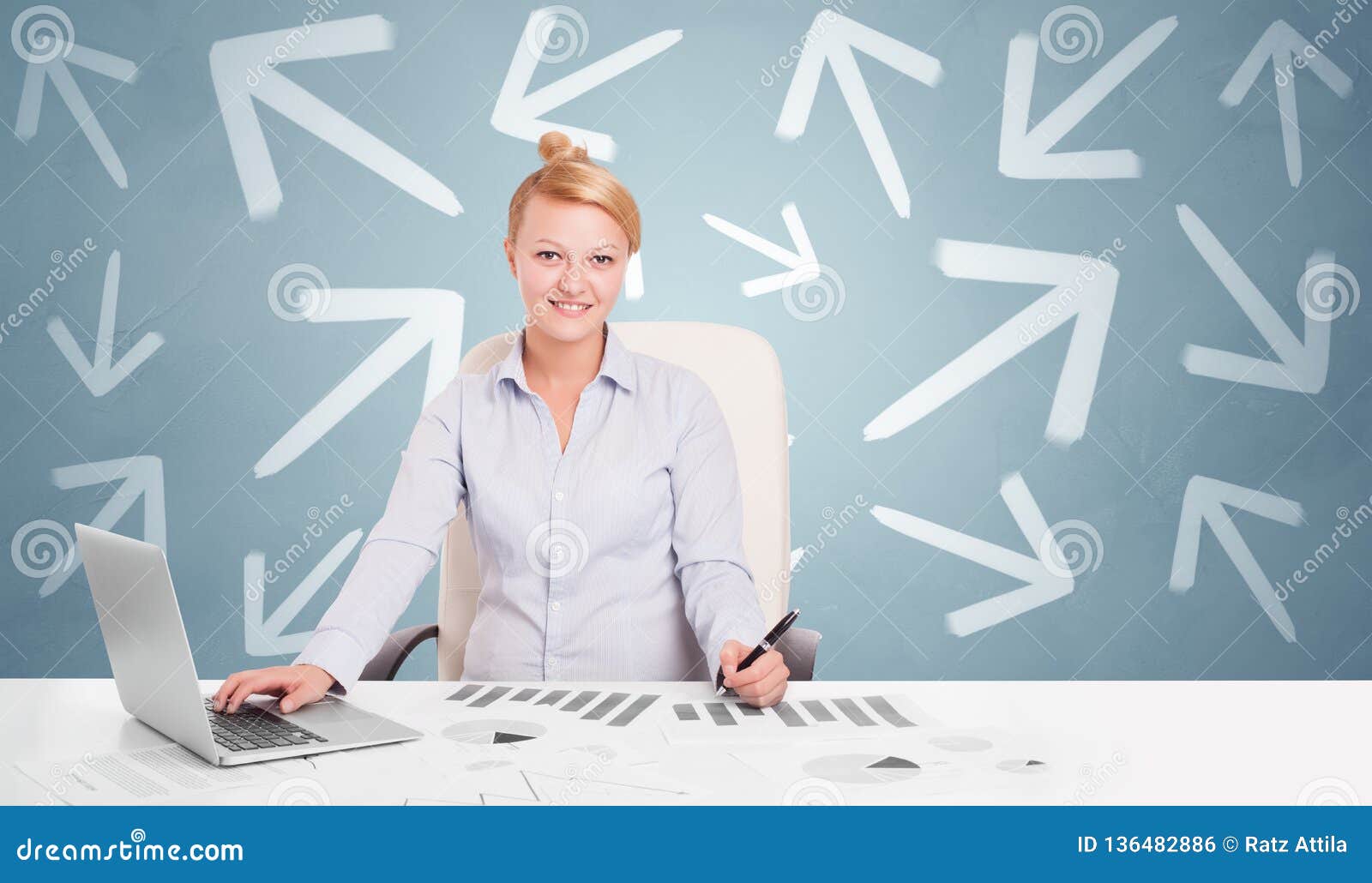 Business Person Sitting at Desk with Direction Concept Stock Photo ...