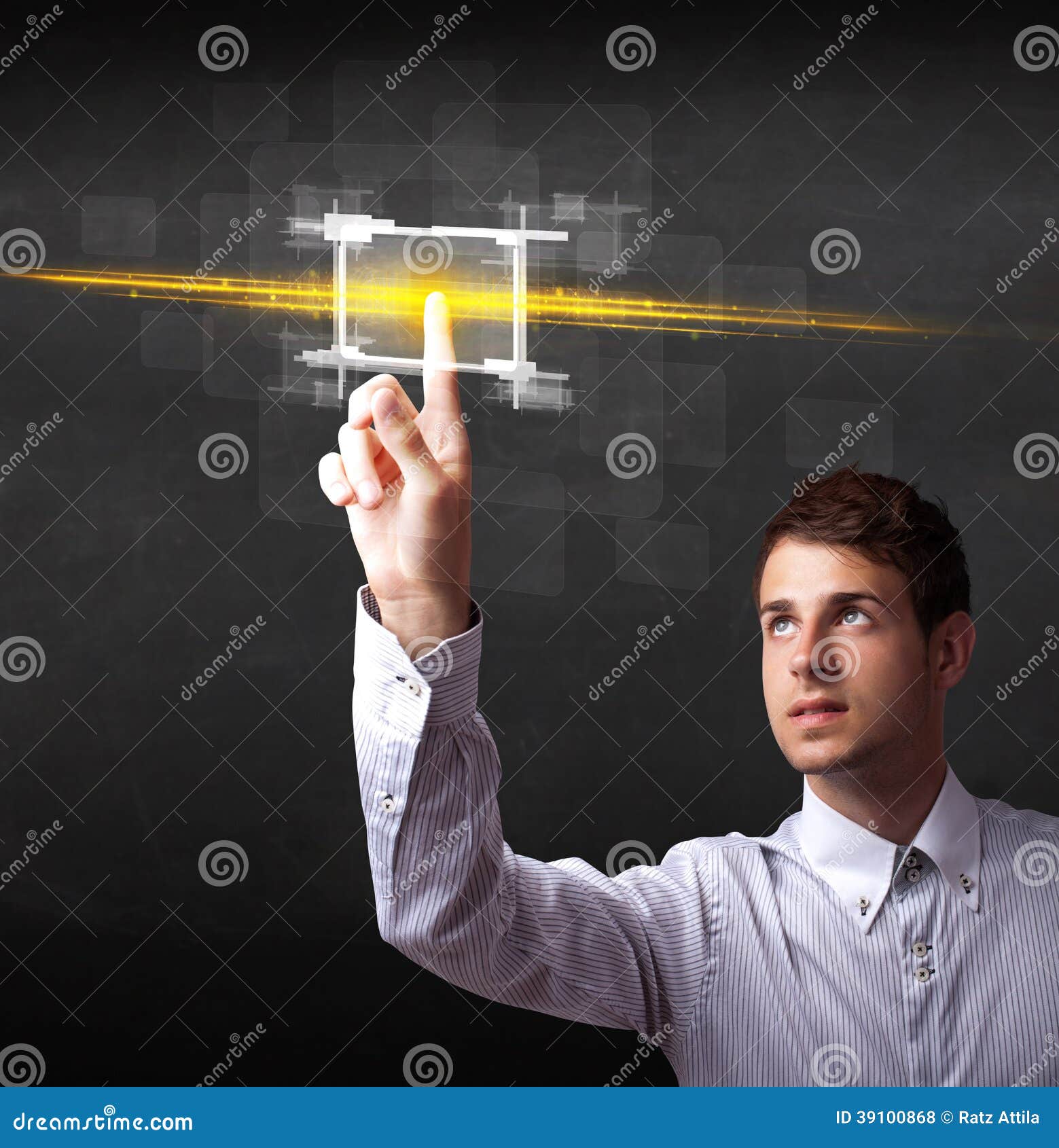 Business Person Touching Button with Orange Light Stock Photo - Image ...
