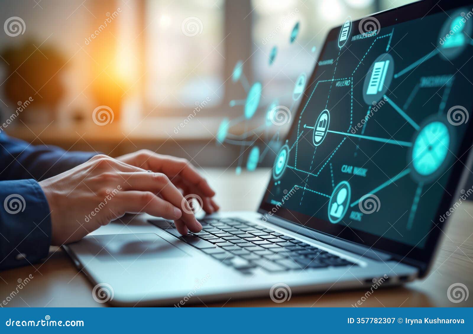 Business Person Uses Laptop for Document Management System. Person ...