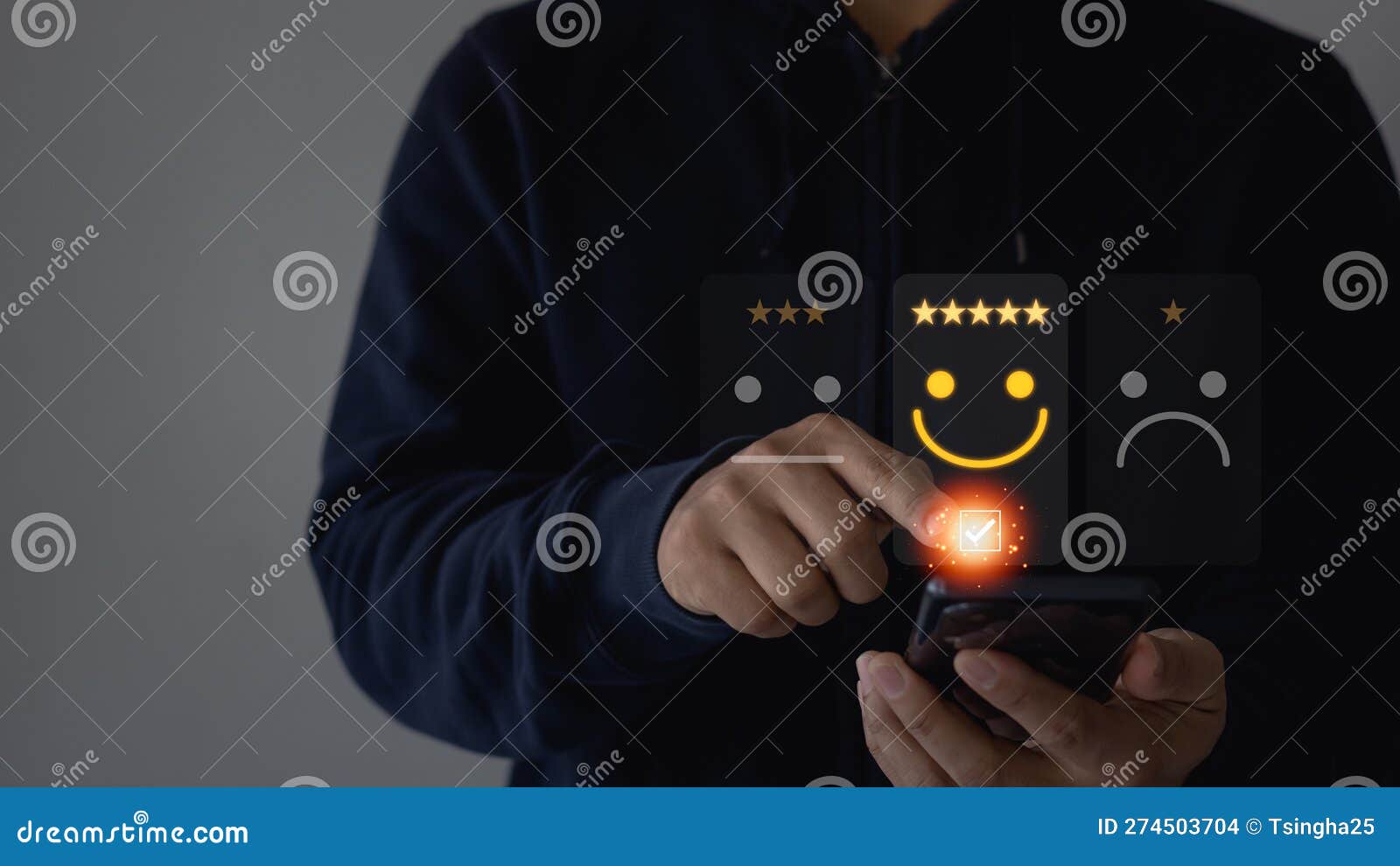 Business Person Using Mobile Smartphone for Select Smiley Face Icon for ...
