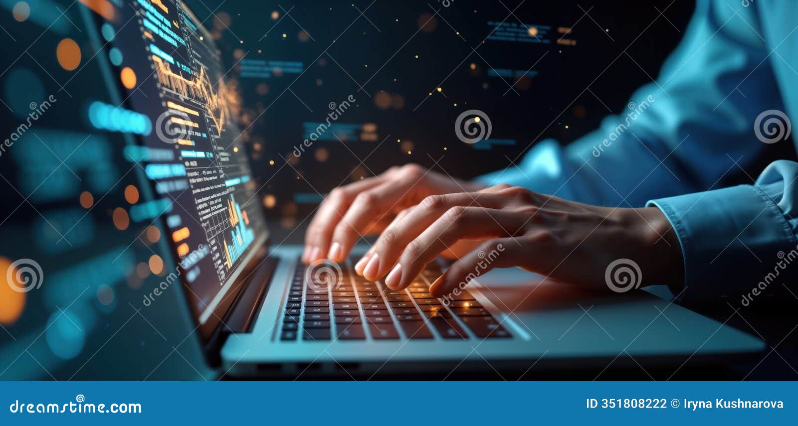 Business Person Works on Laptop. Digital Code, Charts Appear on Screen ...