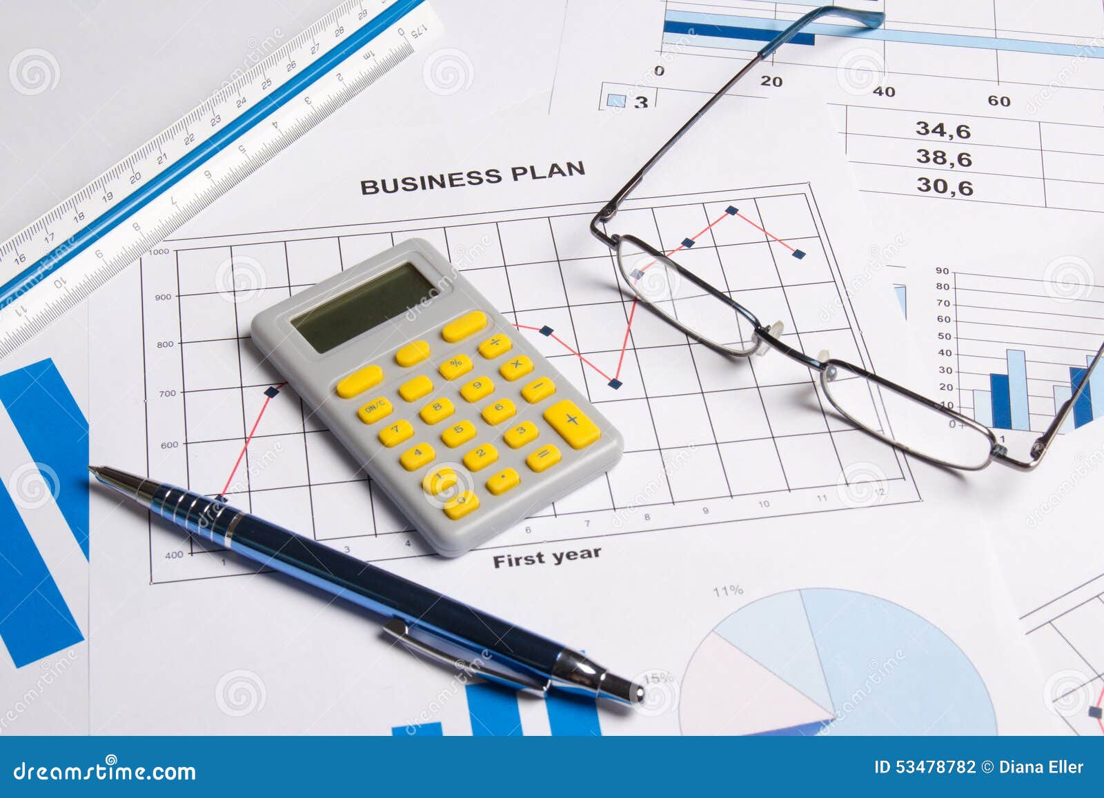 Business Plan with Graphs, Charts and Calculator Stock Photo - Image of ...