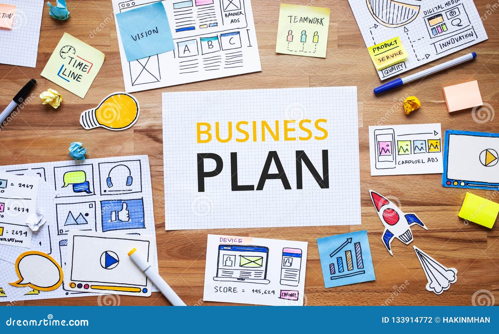 Business Plan with Paperwork Sketch on Wood Table.analysis Stock Photo ...