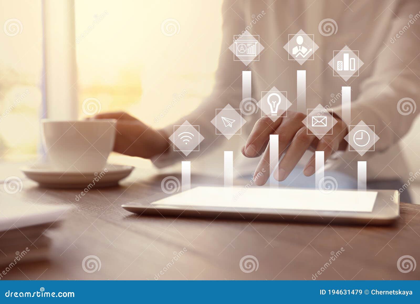 Business Plan. Virtual Screen with Different Icons and Woman Using ...