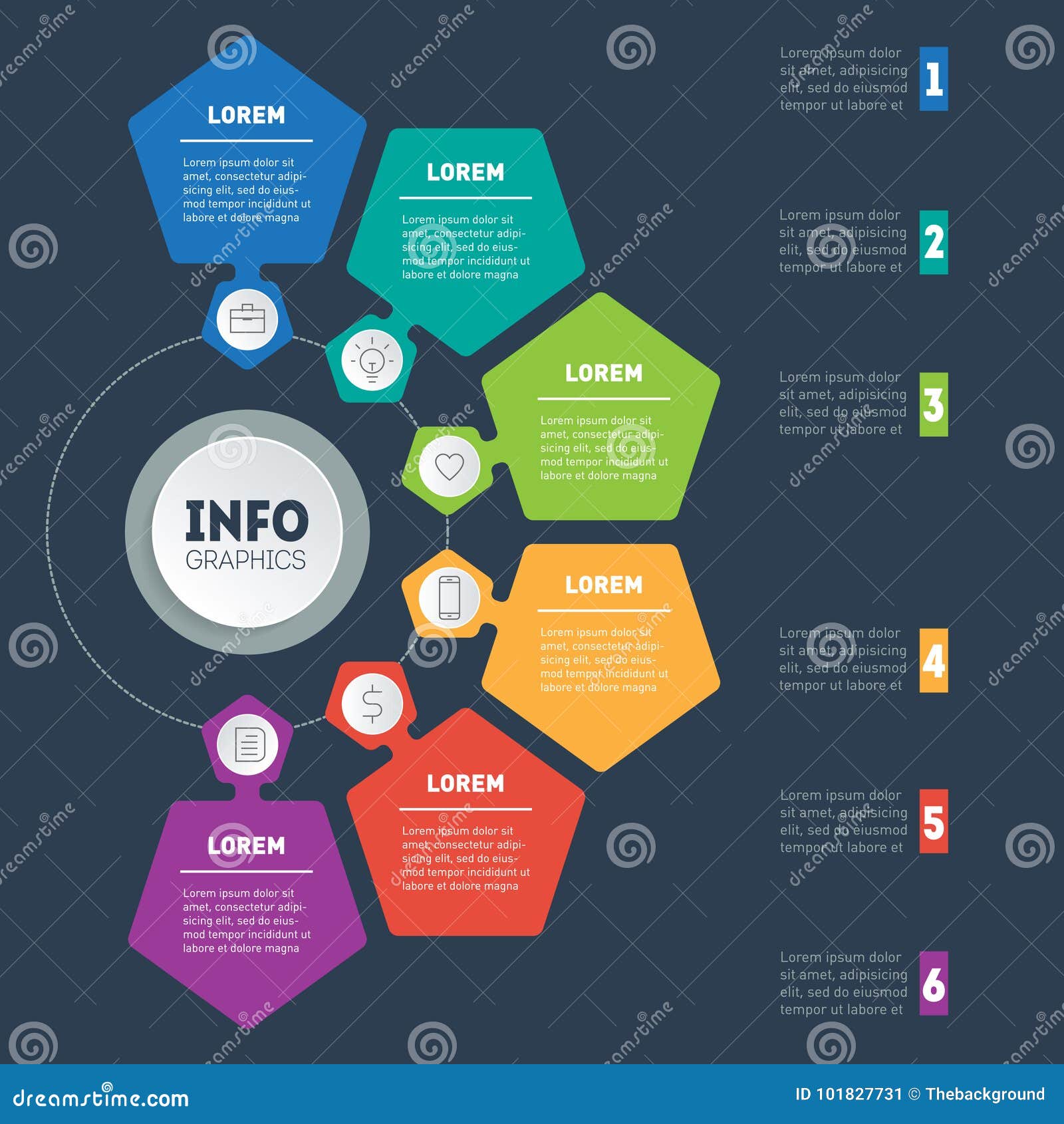 Business Presentation with 6 Options. Vector Dynamic Infographics of Technology or Education ...