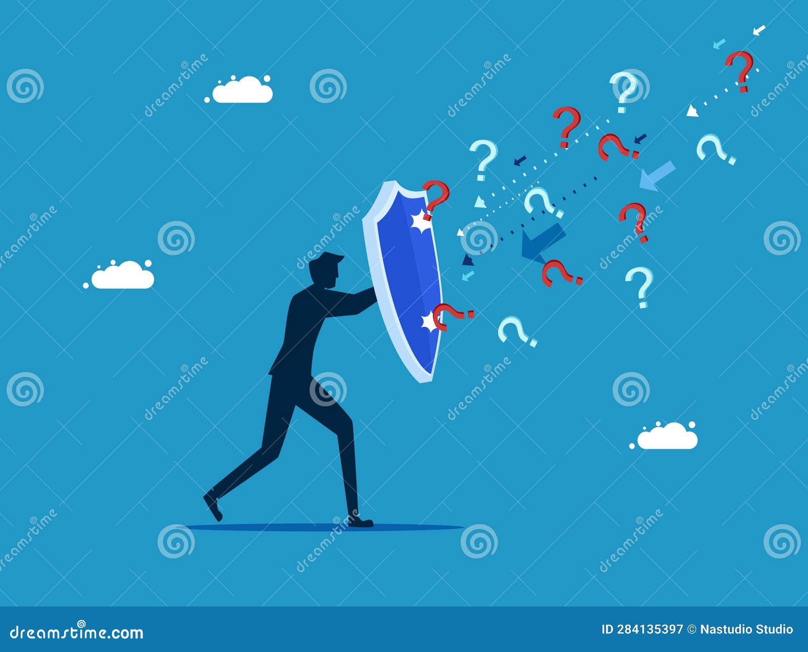 Business Problem Solving. Man with Shield Protects from Question Mark ...
