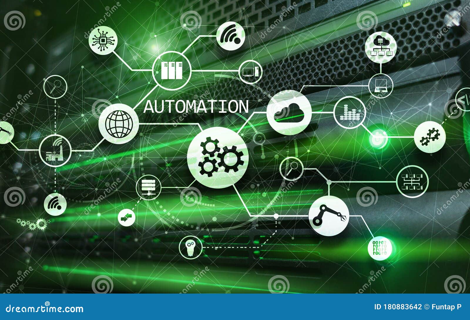 Business Process Automation Concept on Blurred Network Cabinets. New ...