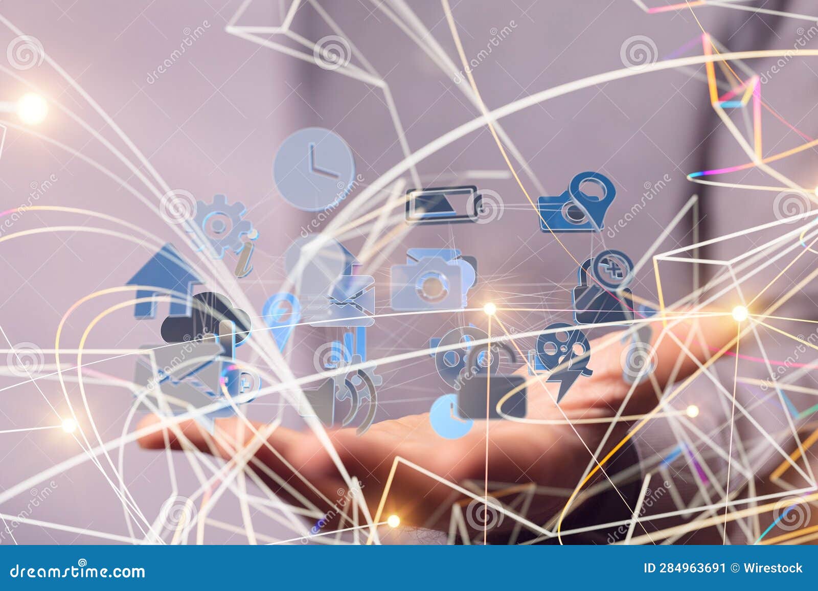 Business Professional Displaying an Array of Internet Connection Icons ...