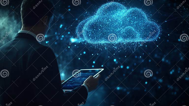 Business Professional Exploring Cloud Computing Technology with a ...