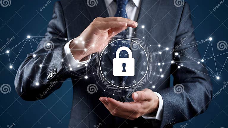 Business Professional Securing Digital Data Network with Lock Symbol ...