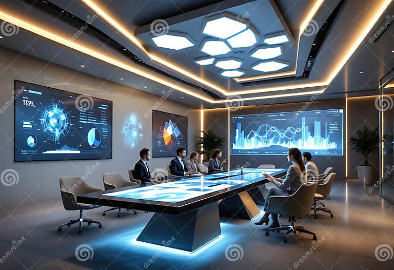 Modern Futuristic Boardroom Meeting with Interactive Displays Editorial ...