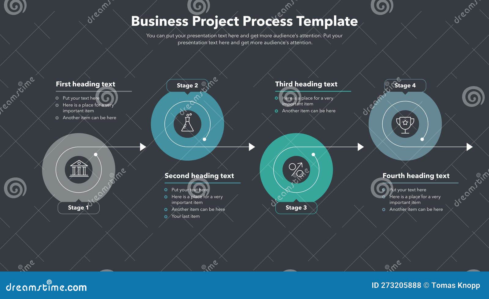 Business Project Progress Template with Four Stages - Dark Version ...