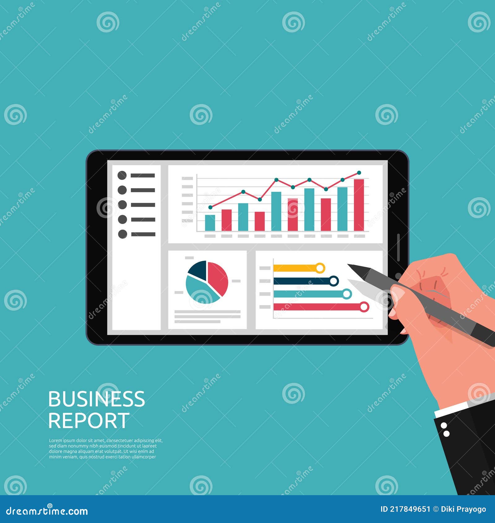 Business Report on Tablet Screen Display with Hand Symbol. Chart ...