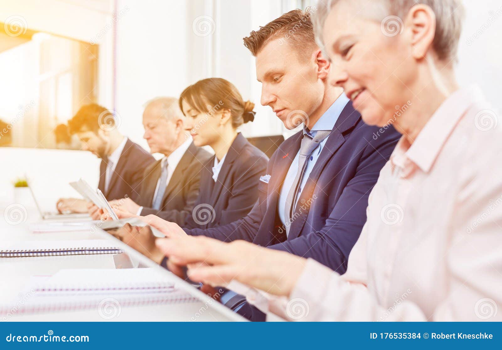 Business Seminar Group with Tablets and Laptops Stock Photo - Image of ...