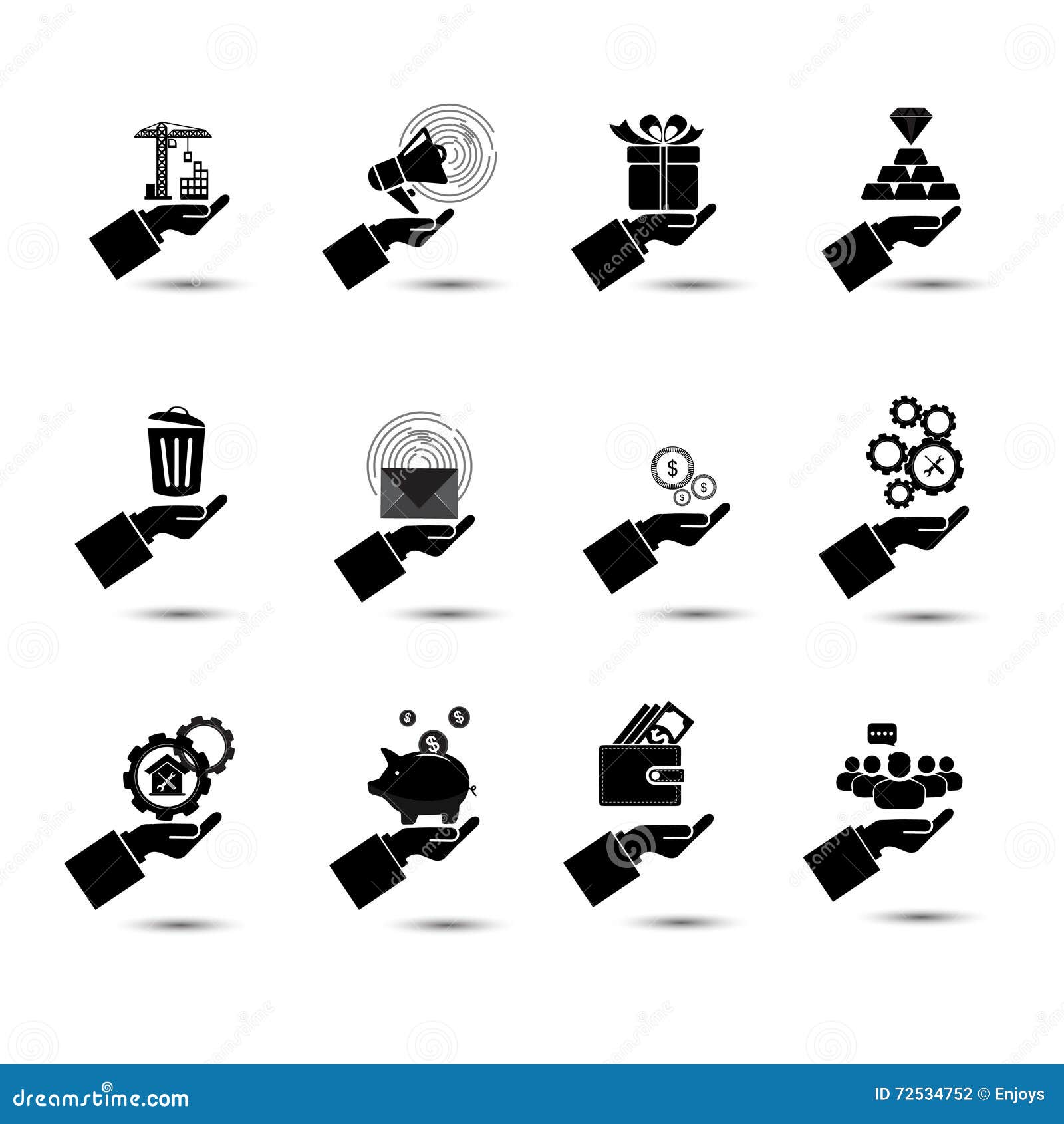 Business Set in Hand Icons on White Background. Stock Illustration ...