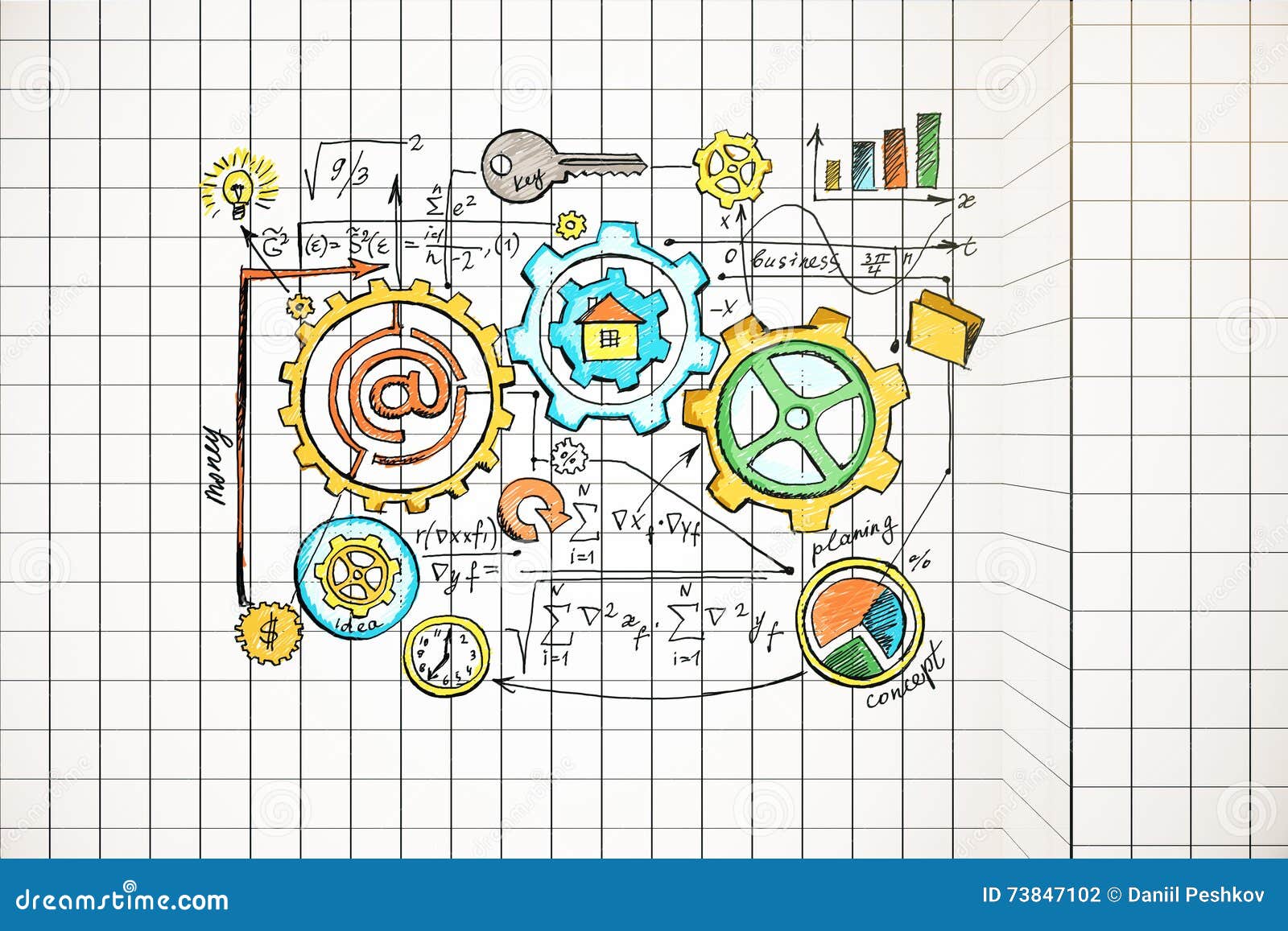 Business sketch on grid stock illustration. Illustration of gears ...