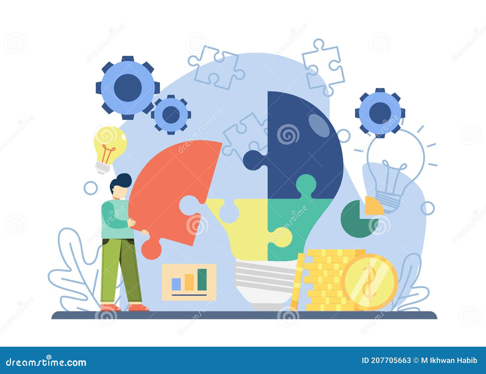 Business Solution with Character Collect Light Bulb Puzzle Pieces ...