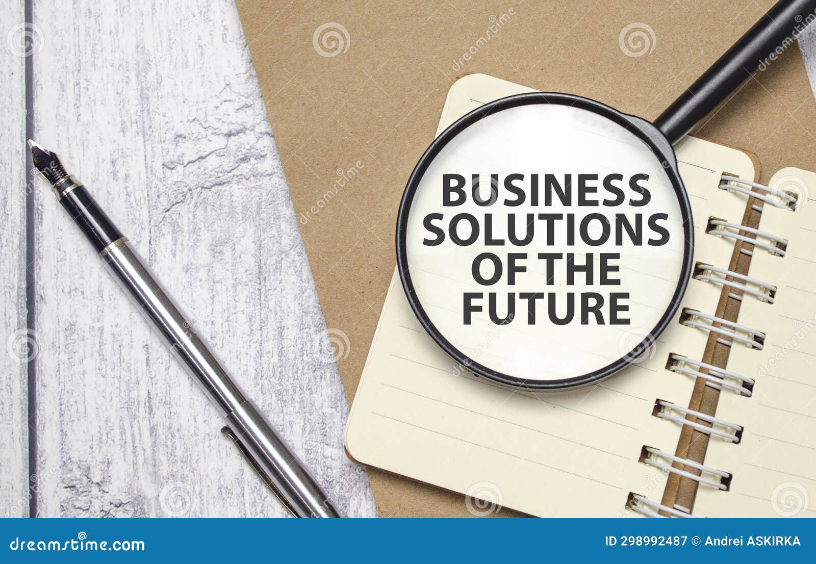 Business Solutions of the Future Words on Magnifying Glass with Pen and ...