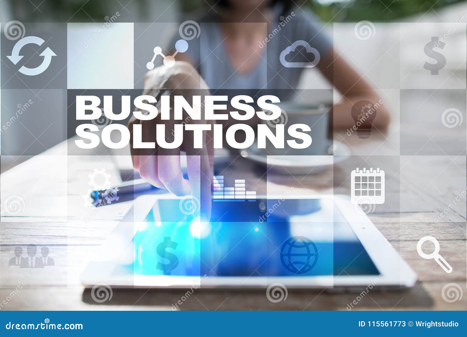 Business Solutions on the Virtual Screen. Business Concept. Stock Image - Image of global ...