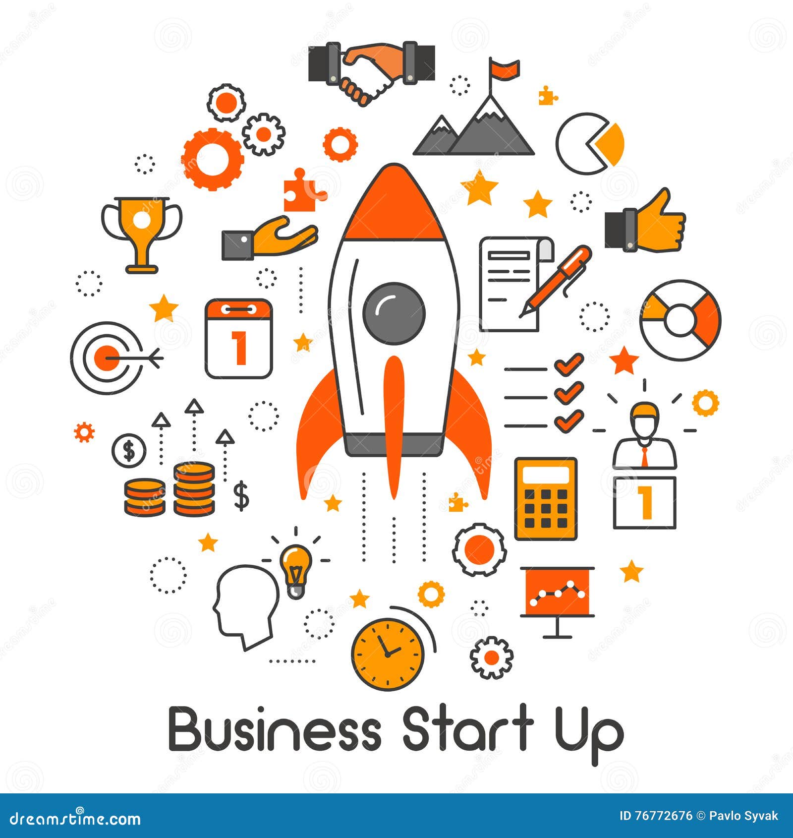 Business Start Up Line Art Thin Icons Set with Rocket and Creative Idea ...