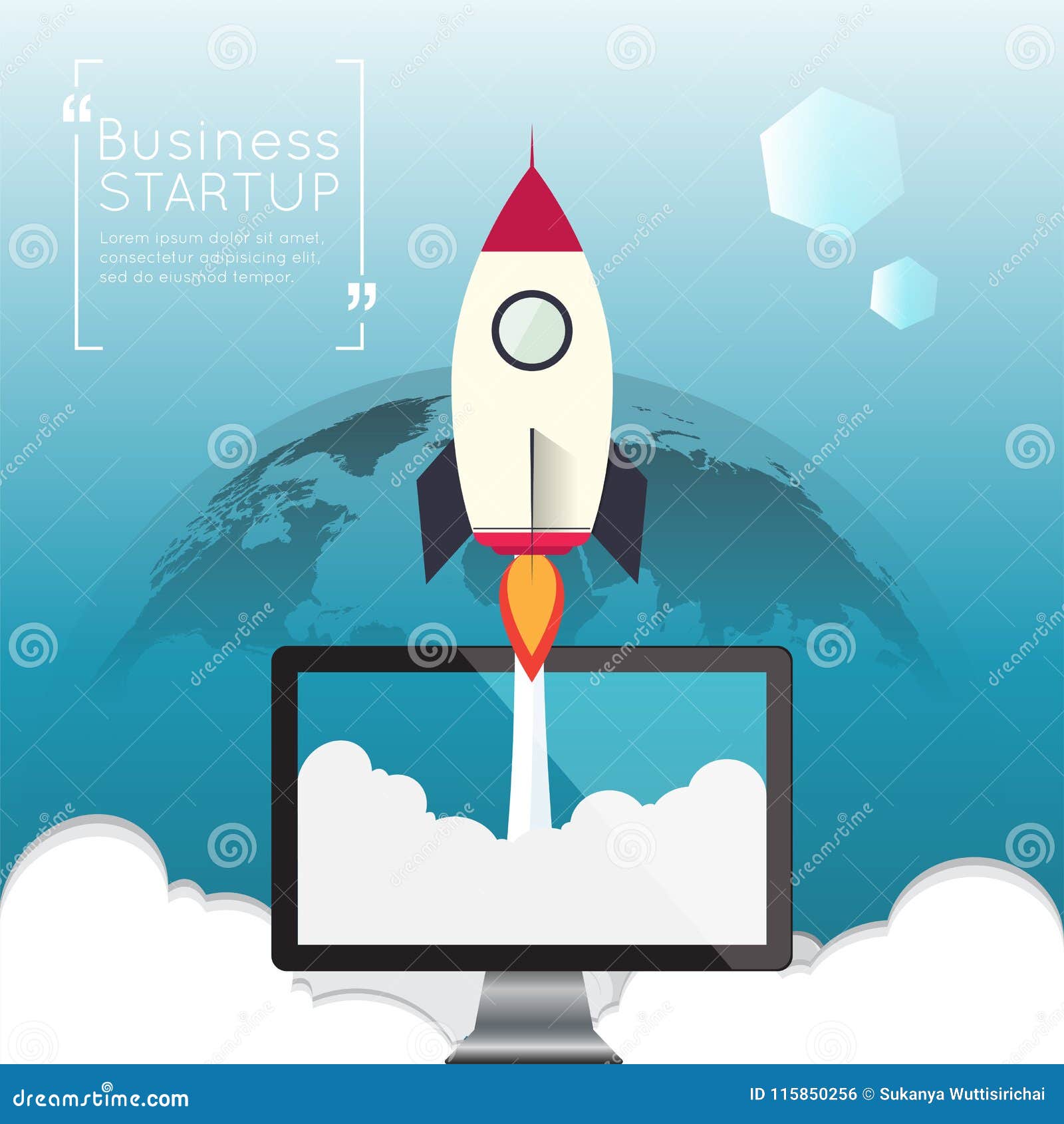 Business Startup on Blue World Map Background. Stock Illustration ...