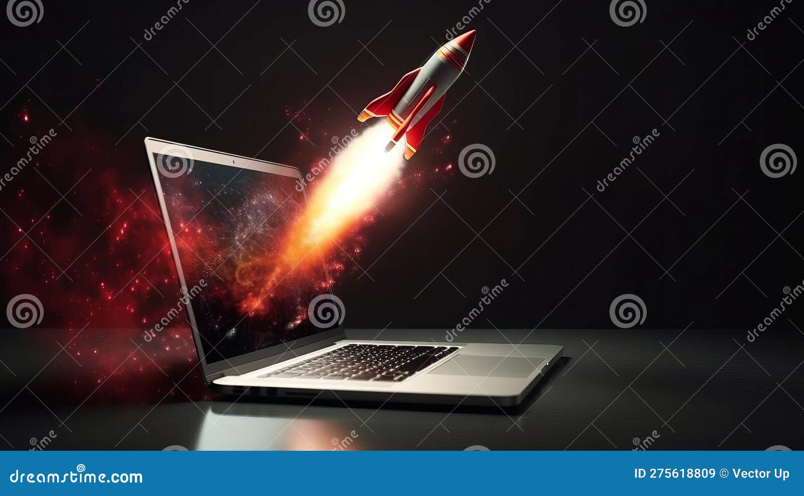 Business Startup Concept Rocket Flies from Laptop Screen. Generative AI ...