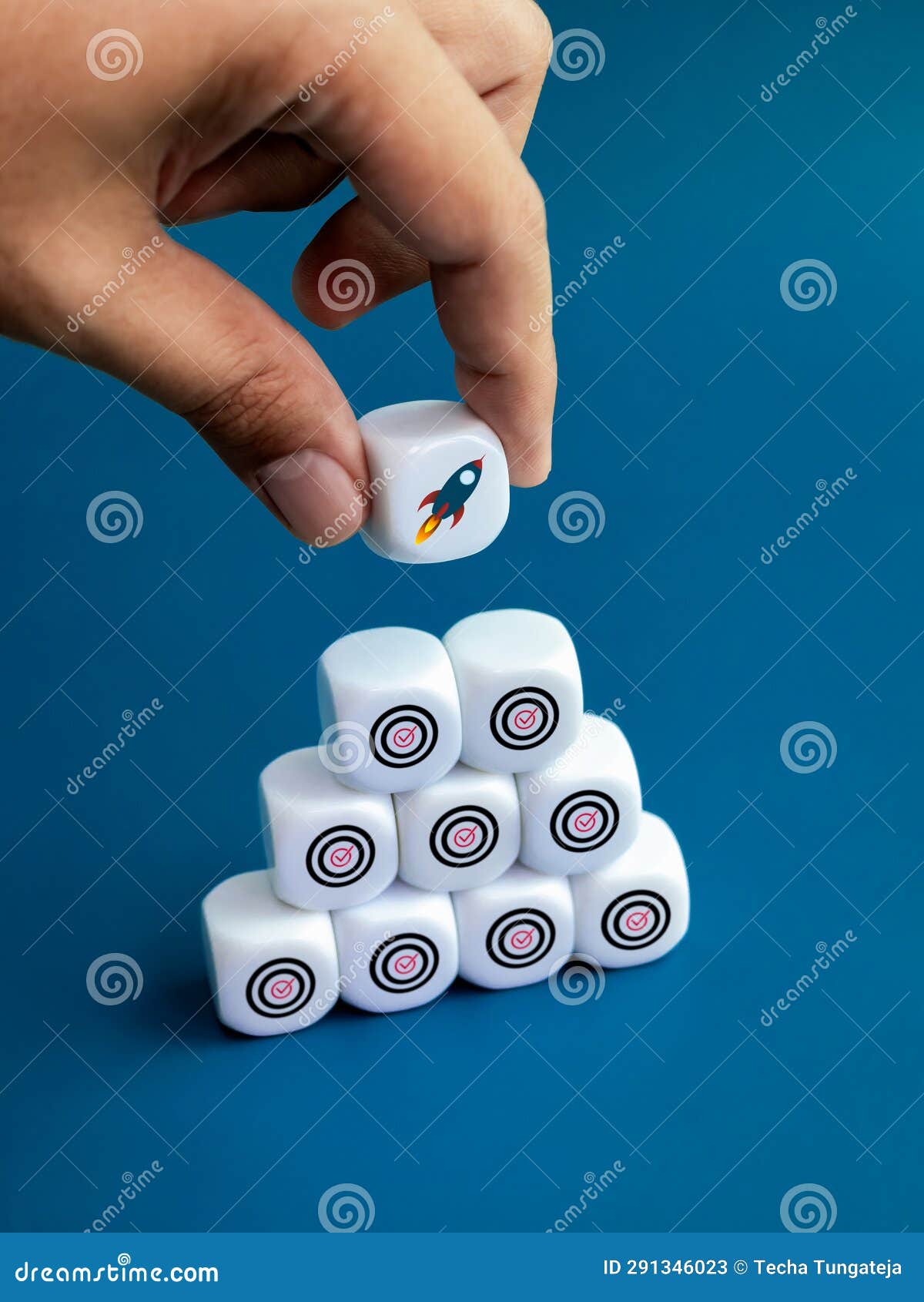 Rocket Launching Icon Cube in Hand, Put on the Top of White Block Stack ...