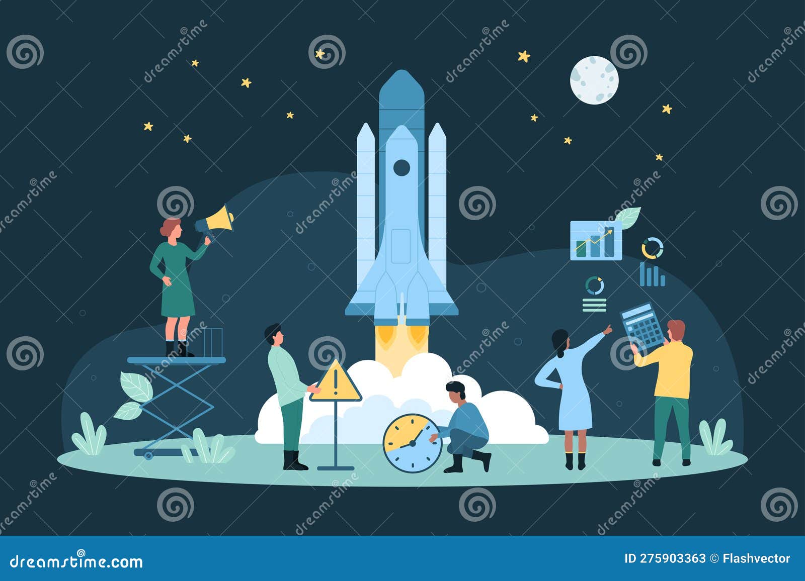 Business Startup Launch, Tiny People with Megaphone, Clock Work on ...