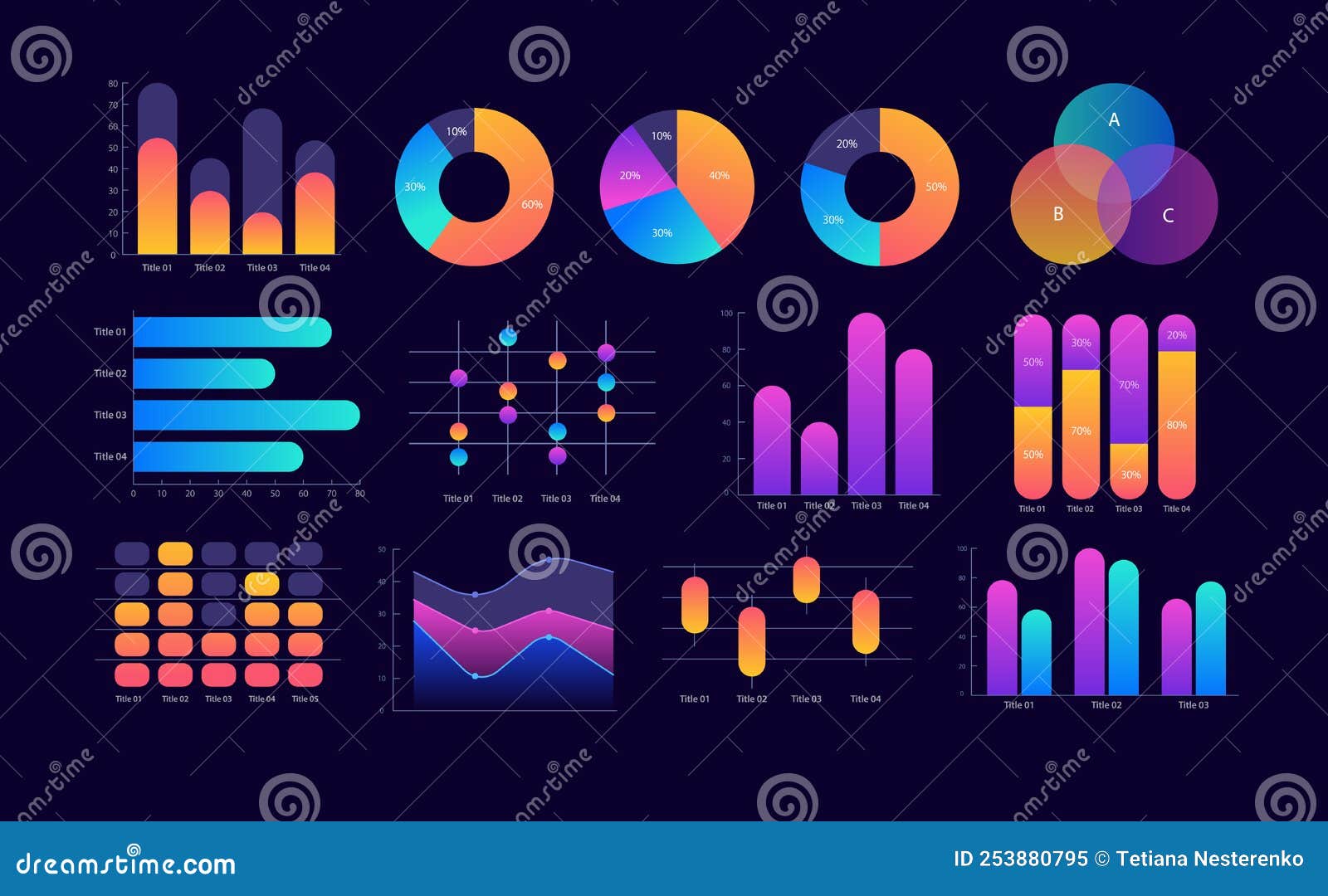 Business Statistics and Analytics Infographic Chart Set for Dark Theme ...