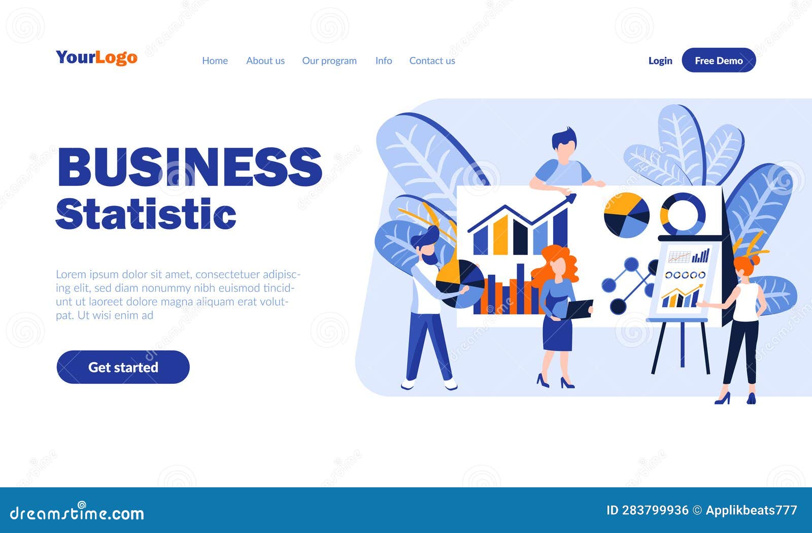Business Statistics Flat Landing Page Template with Header. Financial ...