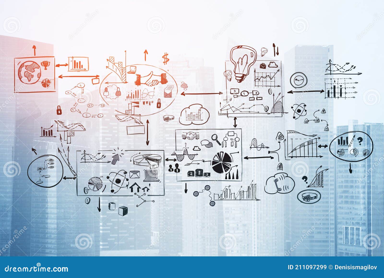 Business Strategy and Planning Mind Map Drawn Over Blurry Cityscape ...