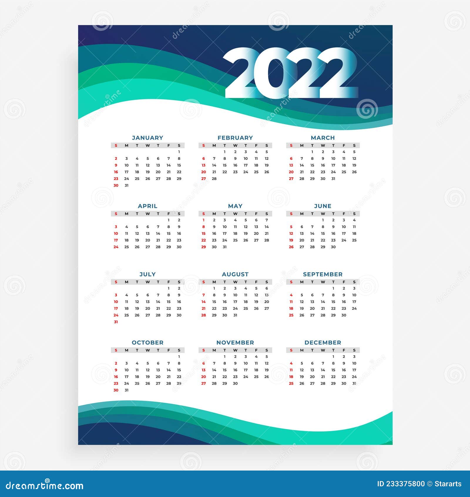 Business Style 2022 Wave Calendar Design Stock Vector - Illustration of ...