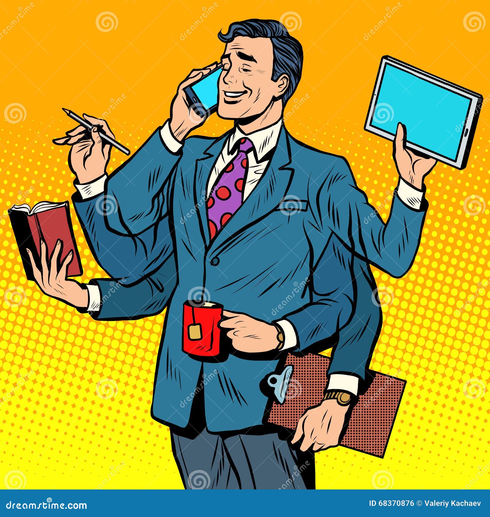 Businessman Multitasking With Many Hand, Vector Cartoon Stick Figure ...