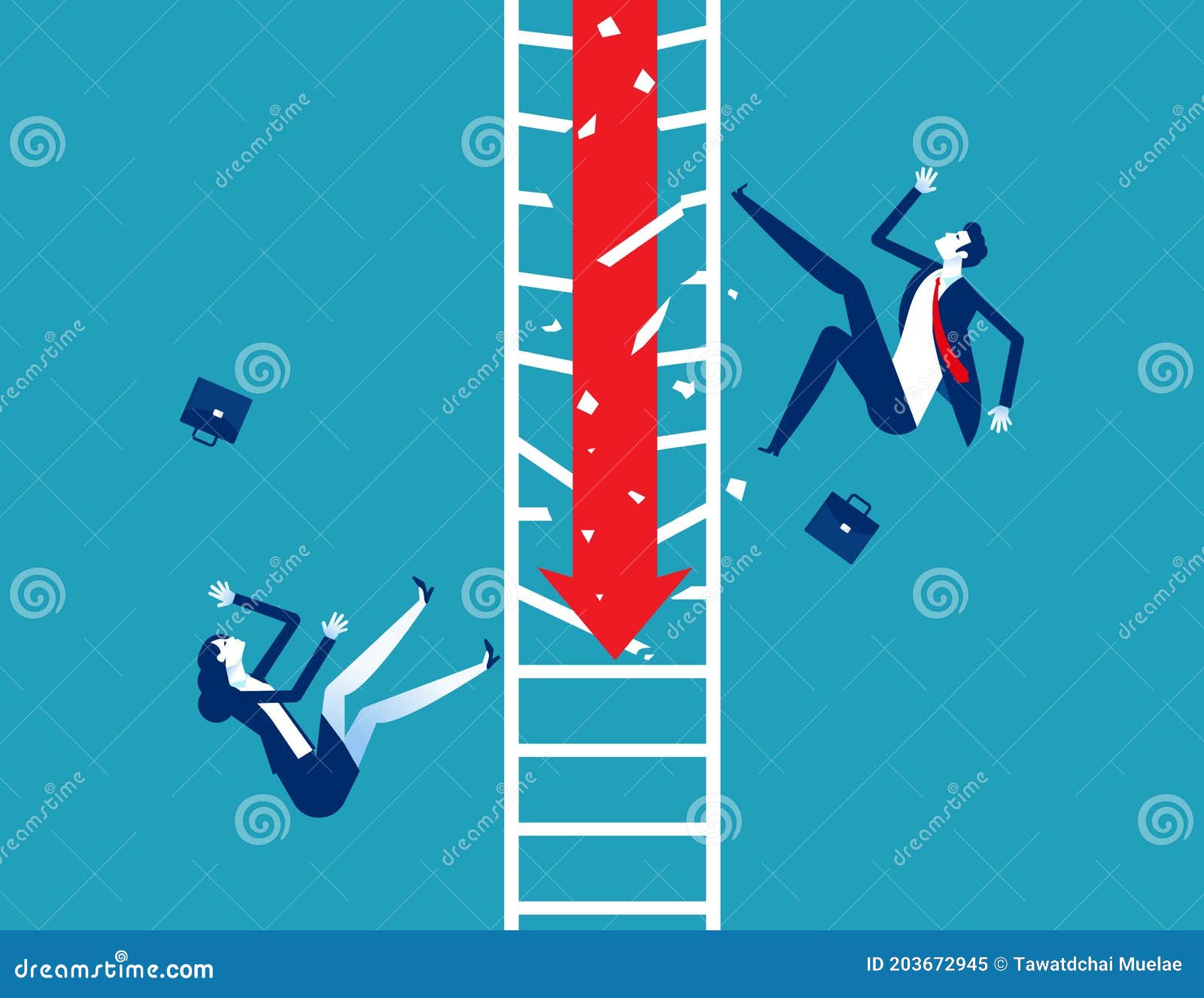 Business Team Accidentally Fell from the Broken Ladder. Arrow Down ...