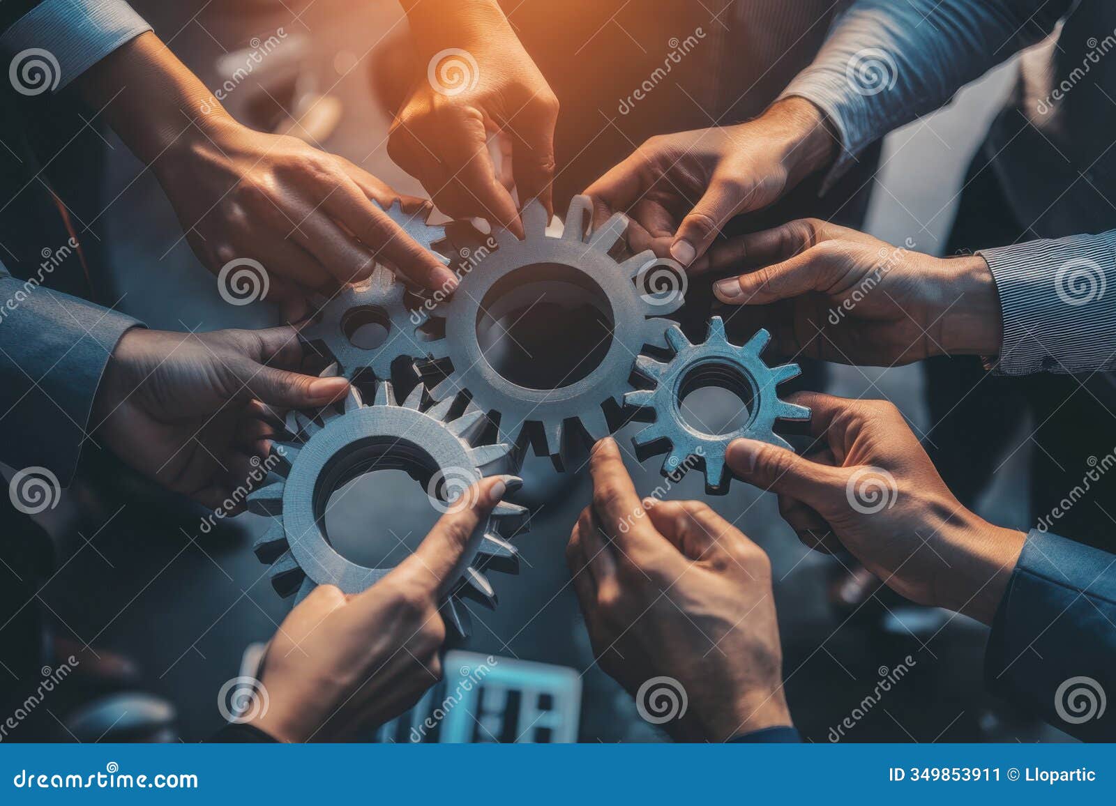 Business Team Collaborating and Connecting Gear Wheels, Signifying Successful Integration and ...