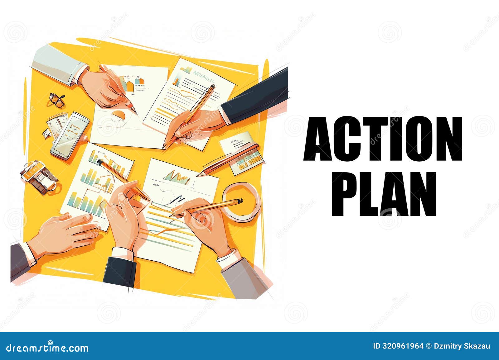 Business Team Developing Action Plan with Charts and Graphs on Table ...