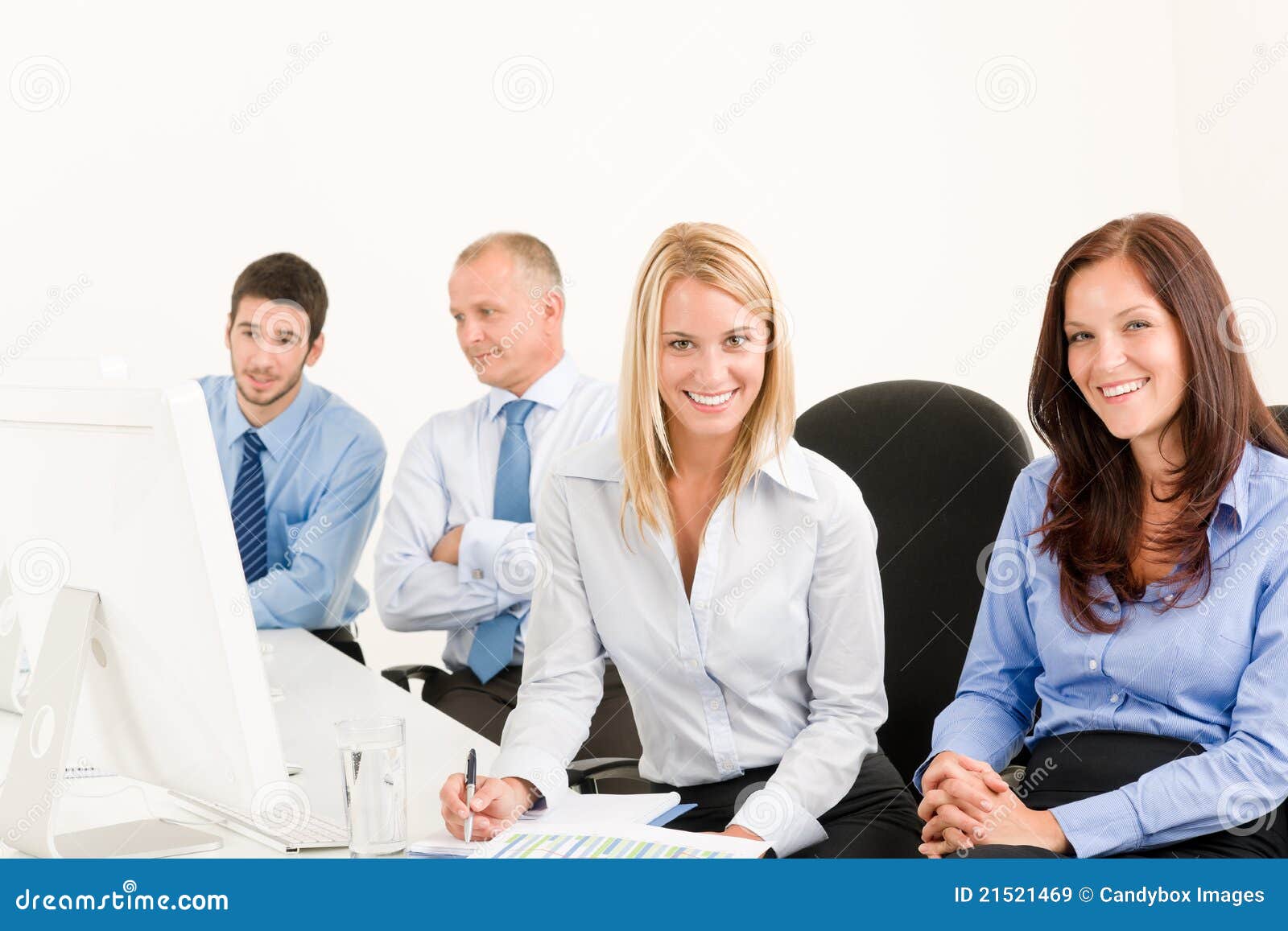 Business Team Happy Sit in Line Behind Table Stock Image - Image of ...