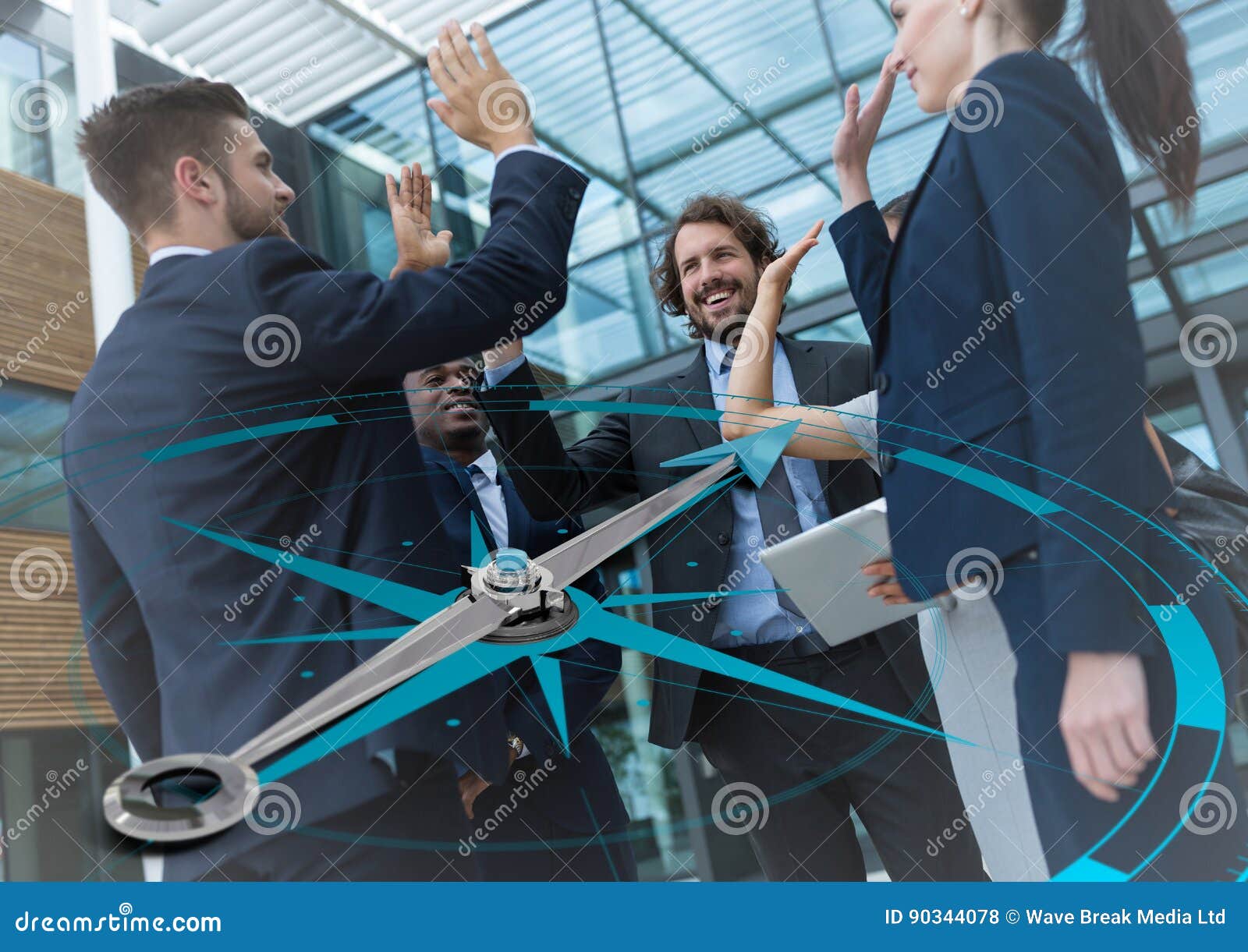 Business Team High Fiving and Compass Graphic Stock Photo - Image of ...
